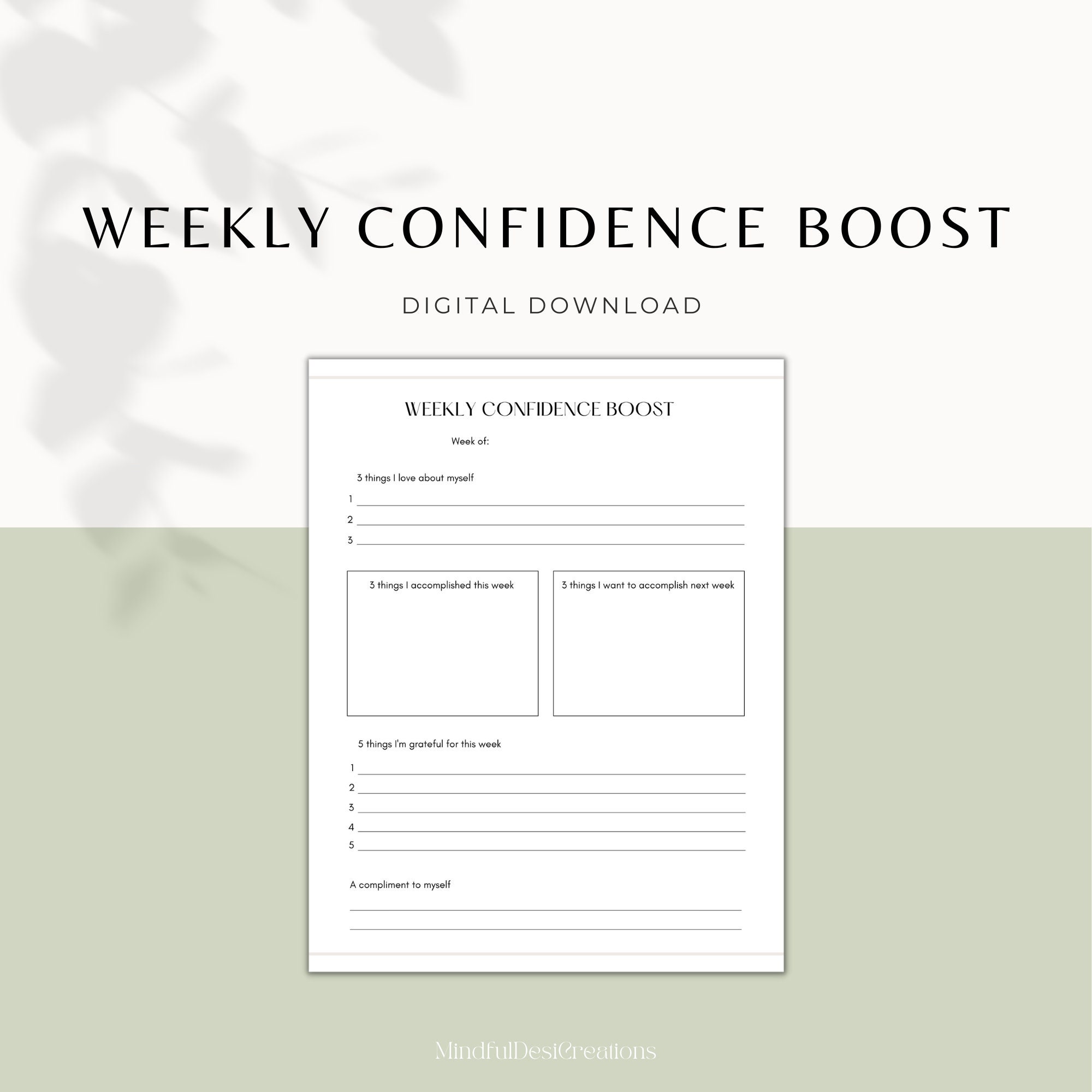 Weekly Confidence Boost Worksheet, Self Esteem Journal Planner, Self ...