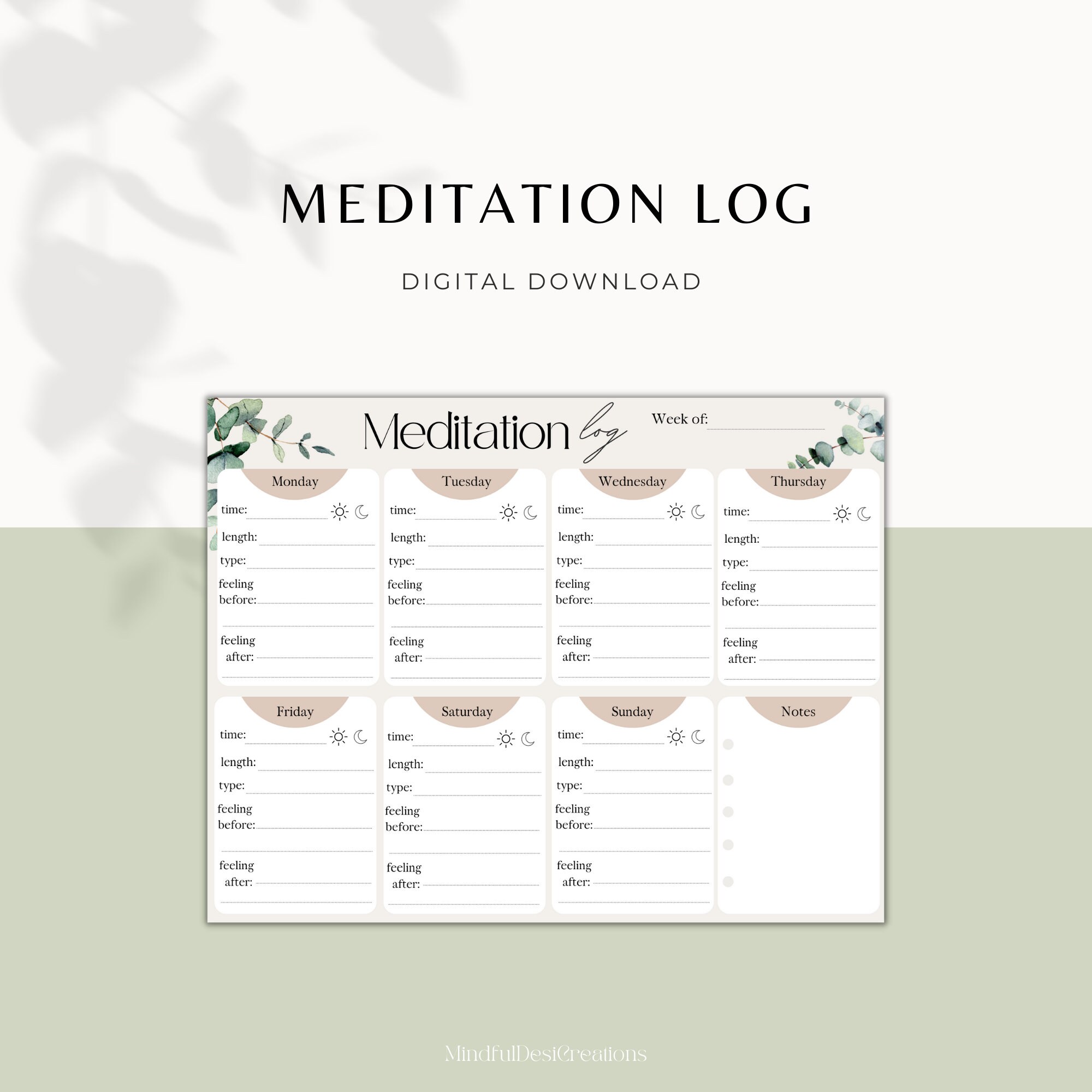 Weekly Meditation Log Printable, Weekly Meditation Journal, Meditation ...