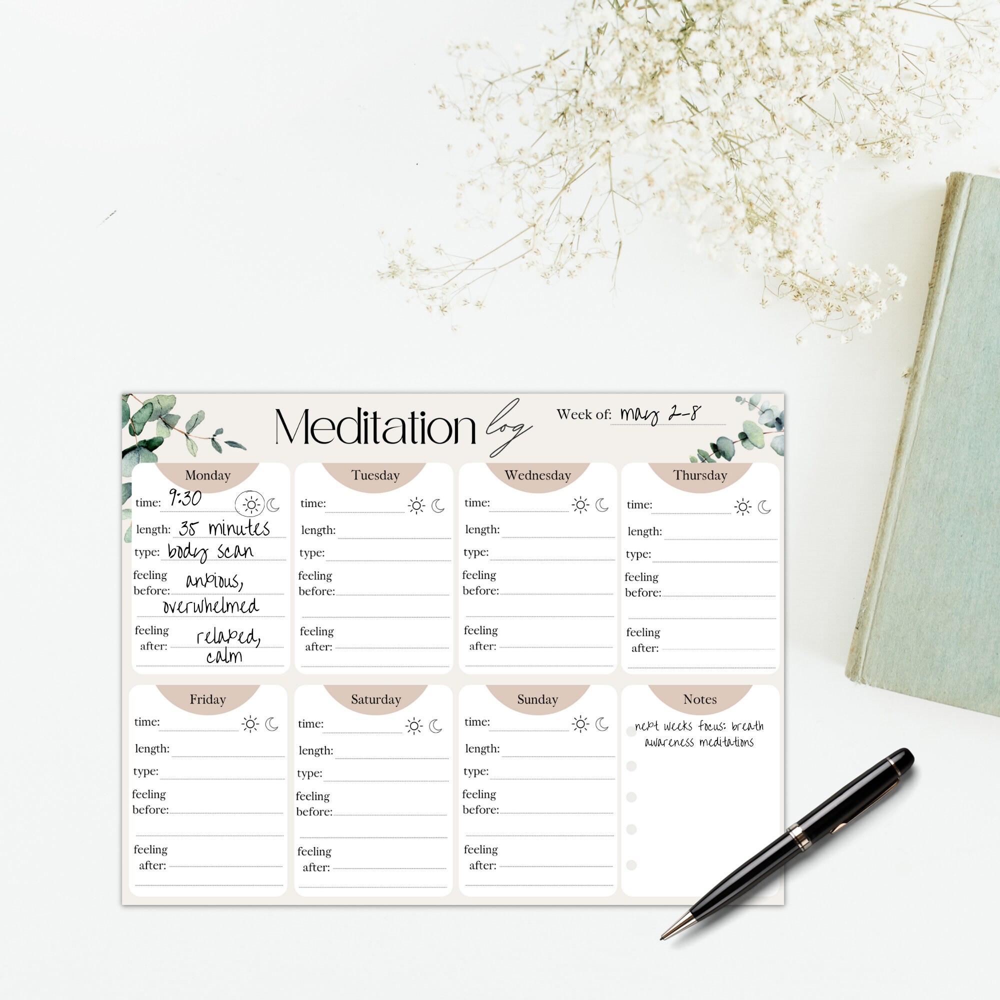 Weekly Meditation Log Printable, Weekly Meditation Journal, Meditation ... Weekly Meditation Log Printable, Weekly Meditation Journal, Meditation ...