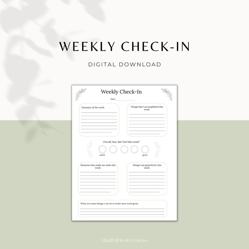 Weekly Check in Printable, Weekly Reflection, Mindful Check in Journal ...