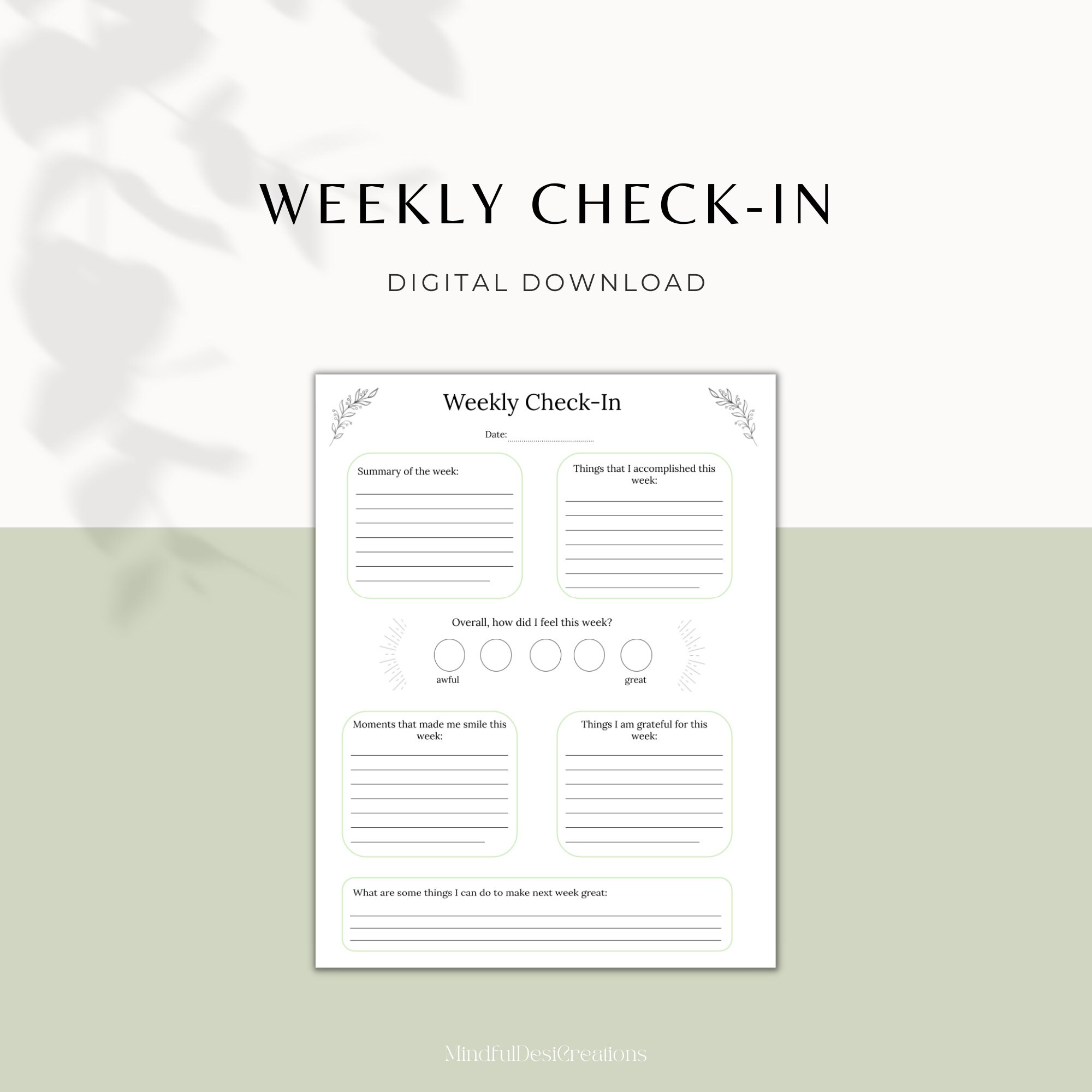 Weekly Check in Printable, Weekly Reflection, Mindful Check in Journal ...