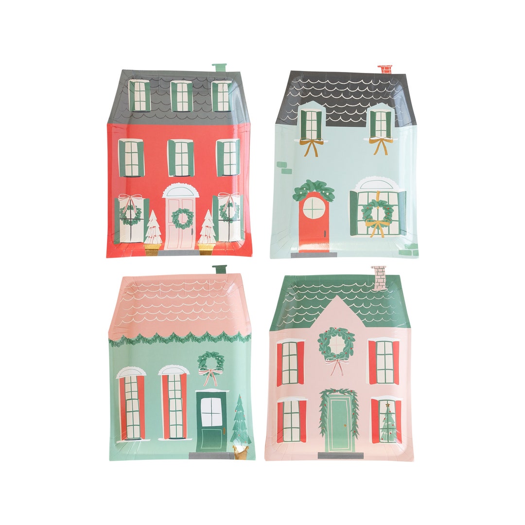 Village Christmas House Shaped Plates, Pink Christmas, Pastel Christmas ...