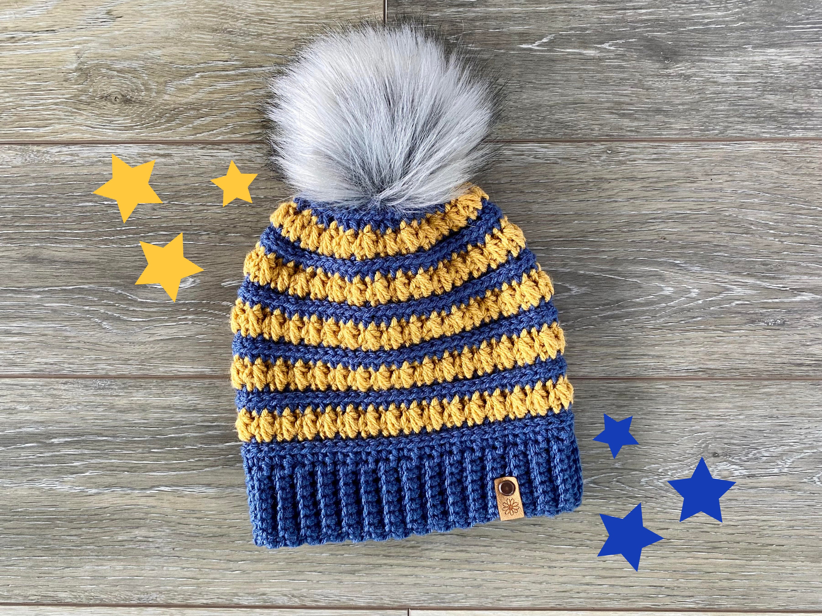 Striped Beanie, Blue & Yellow, School Spirit, Pom Pom Hat, Crochet Hat ...