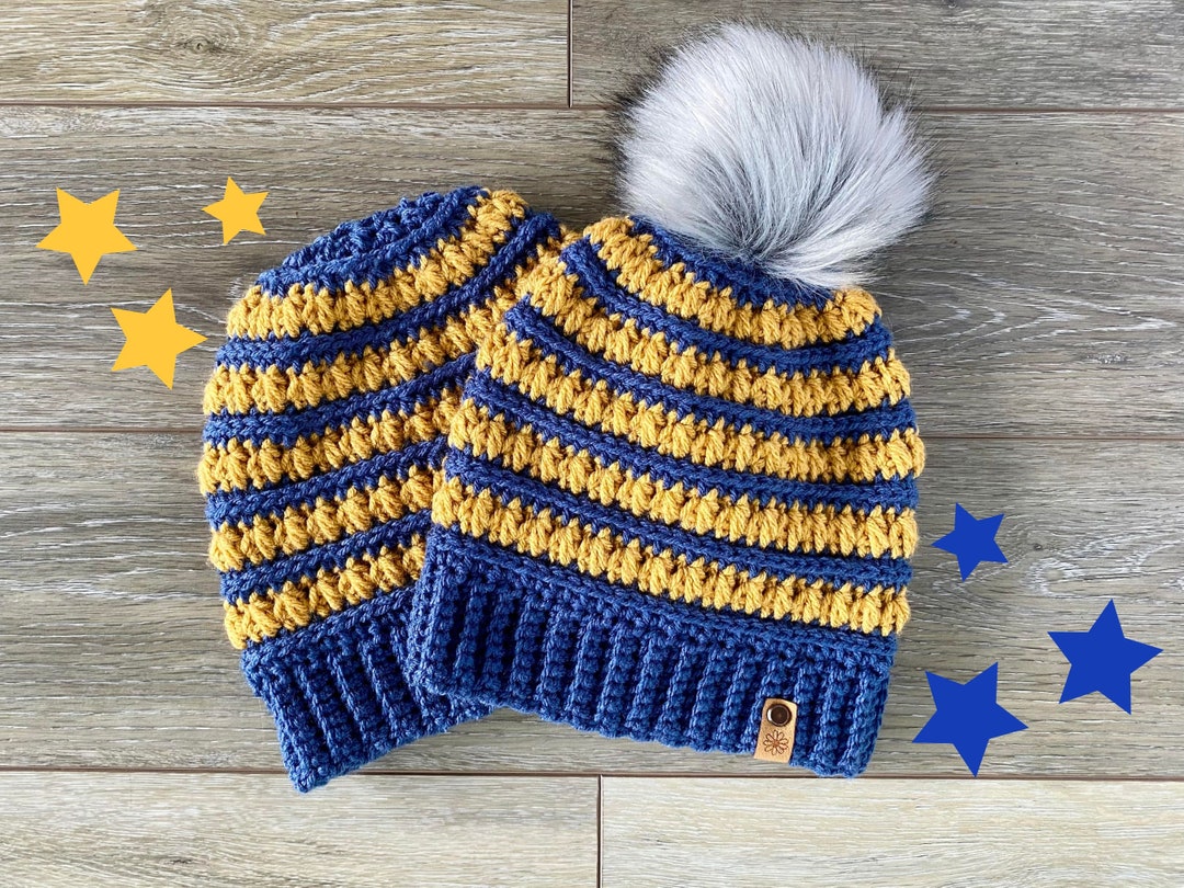 Striped Beanie, Blue & Yellow, School Spirit, Pom Pom Hat, Crochet Hat ...