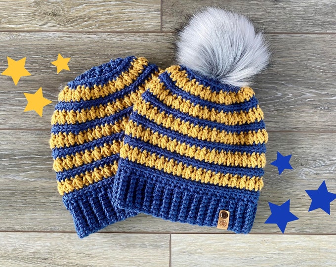 Striped Beanie, Blue & Yellow, School Spirit, Pom Pom Hat, Crochet Hat ...