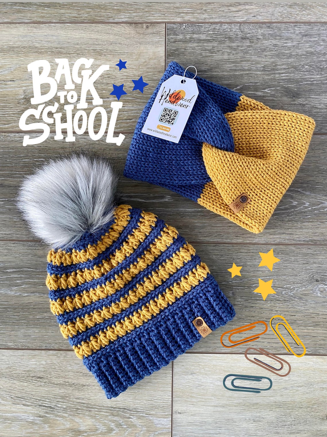 Striped Beanie Blue & Yellow School Spirit Pom Pom Hat - Etsy
