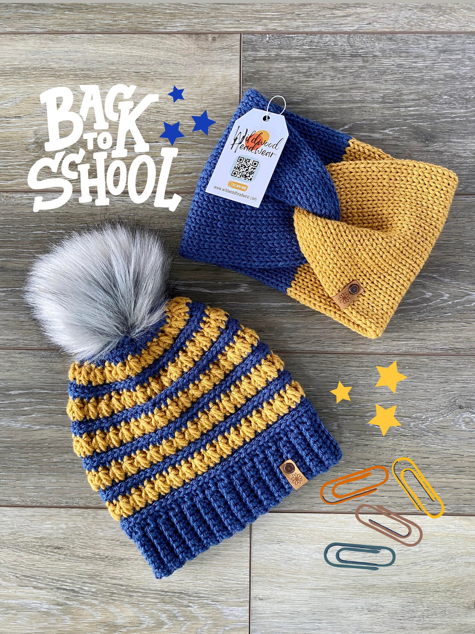 Striped Beanie Blue & Yellow School Spirit Pom Pom Hat - Etsy