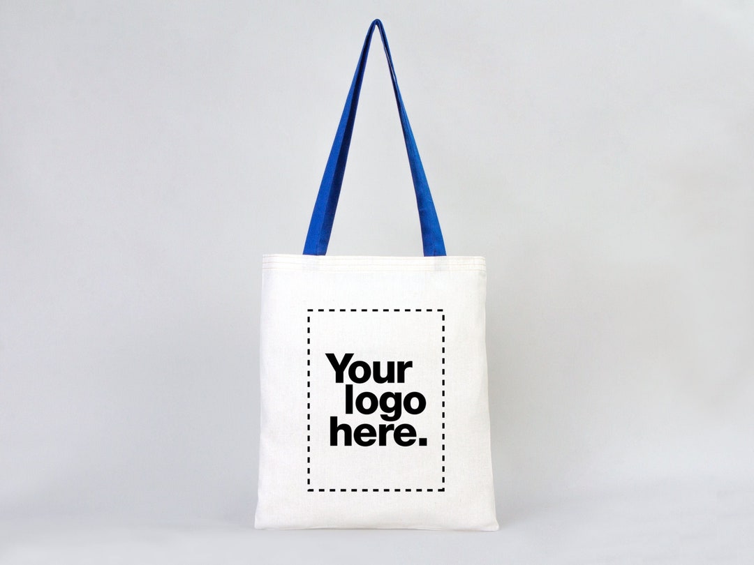 Custom Logo Cotton Tote Bag: Blue Handles, Personalized Shopping Bag - Etsy
