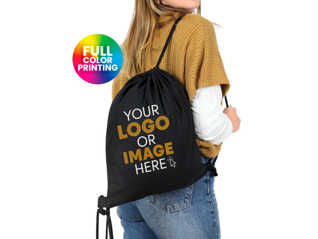 Pack of 8 Custom Black Cotton Drawstring Bag: Personalized Logo, Bulk ...