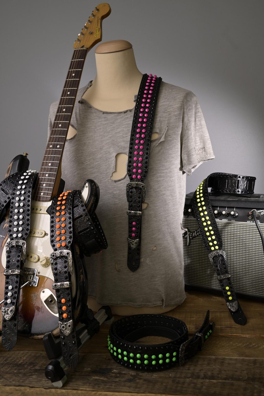 Fluo Studded Guitar Strap – Paisley Engraved Cowhide – Handmade in ...