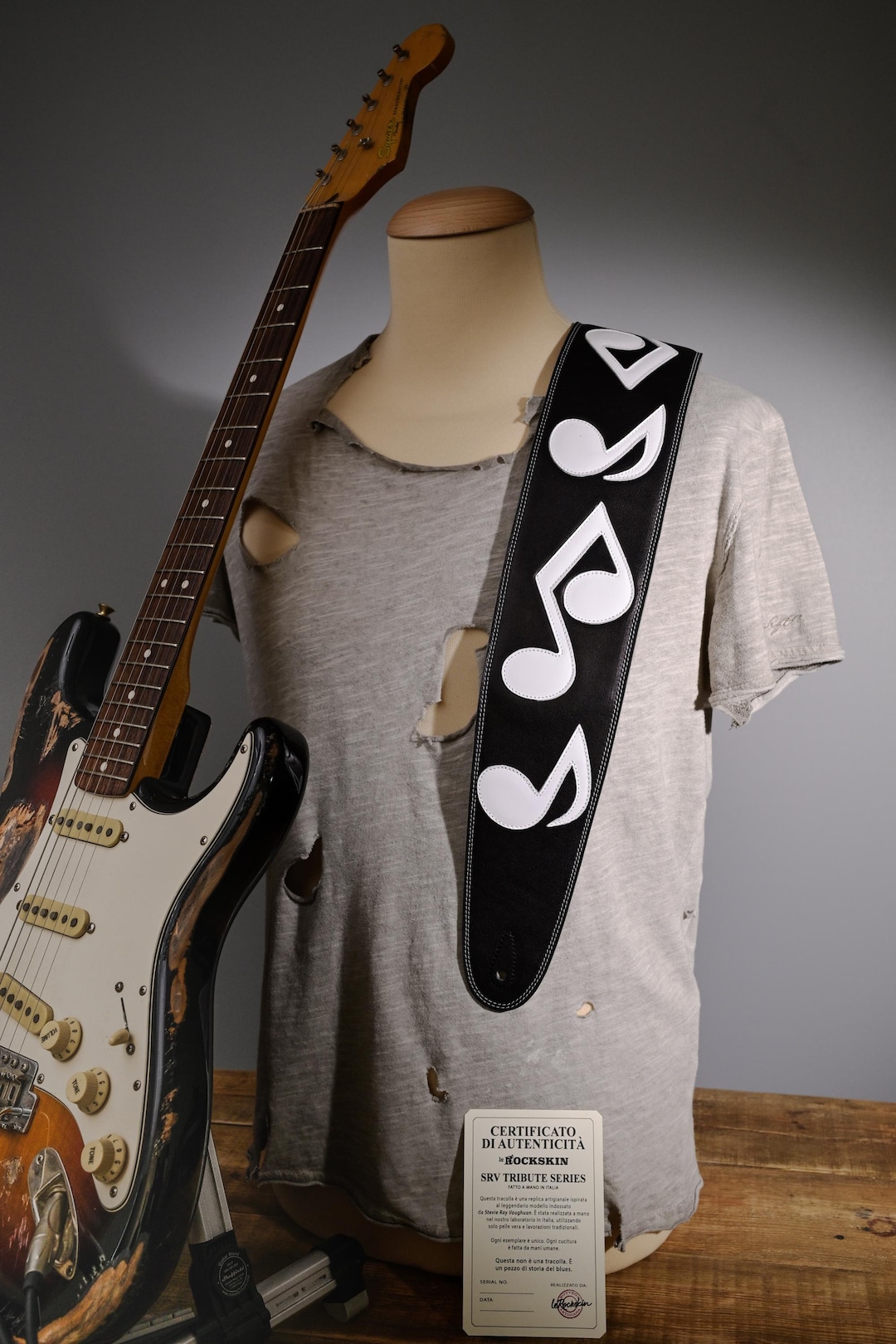 Stevie Ray Vaughan Replica Guitar Strap – Black Leather With Notes ...