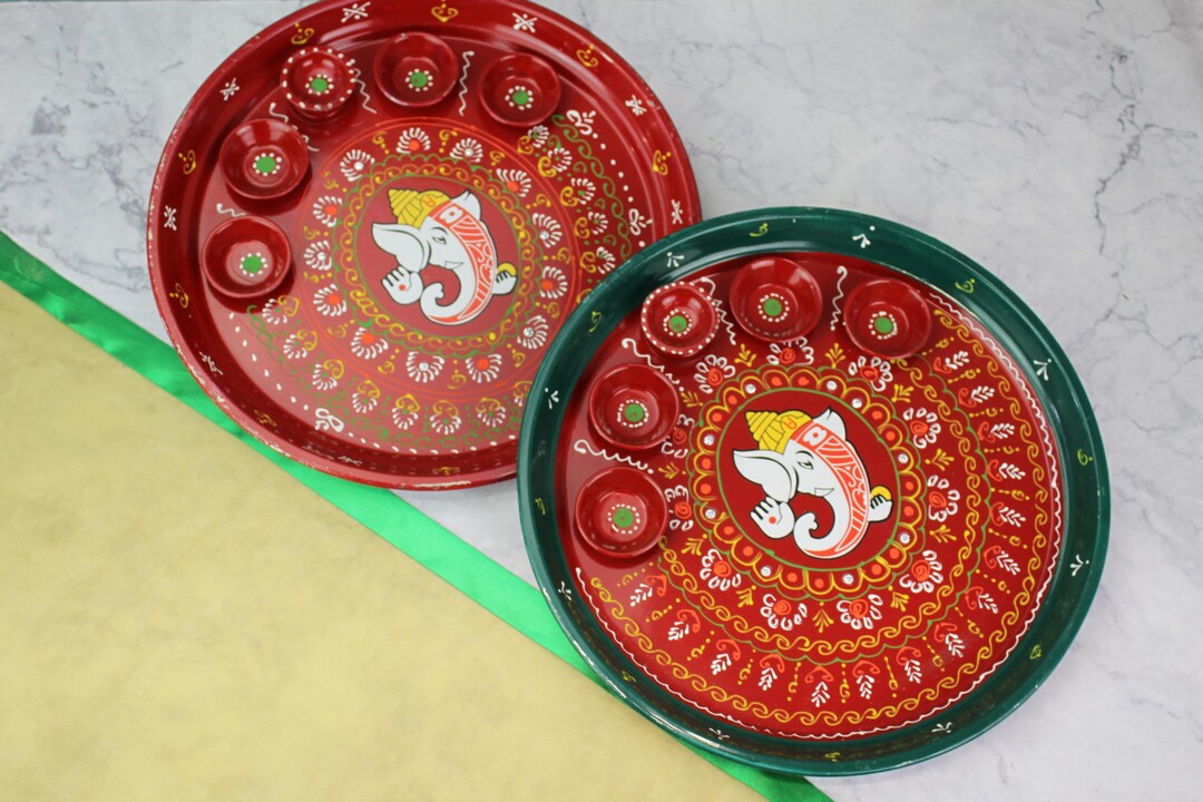 Ganesha Aarti Thali Traditional 5 Diya Metal Handmade Decorated Puja ...