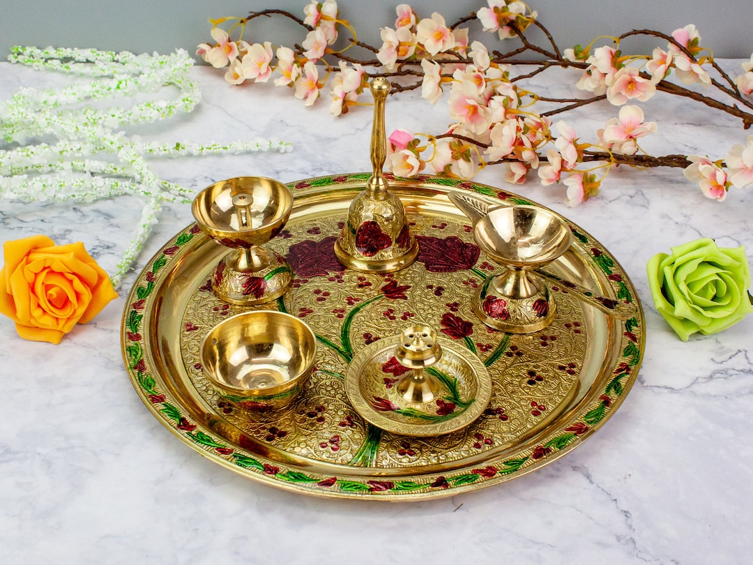 Brass Pooja Aarti Thali Set Indian Puja Plate Bell Diya Decorated ...