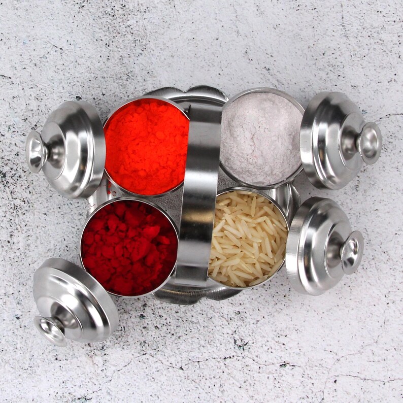 Kumkum Pot Karanda Rice Chawal Haldi Chaumukh Container Dibbi Tray ...