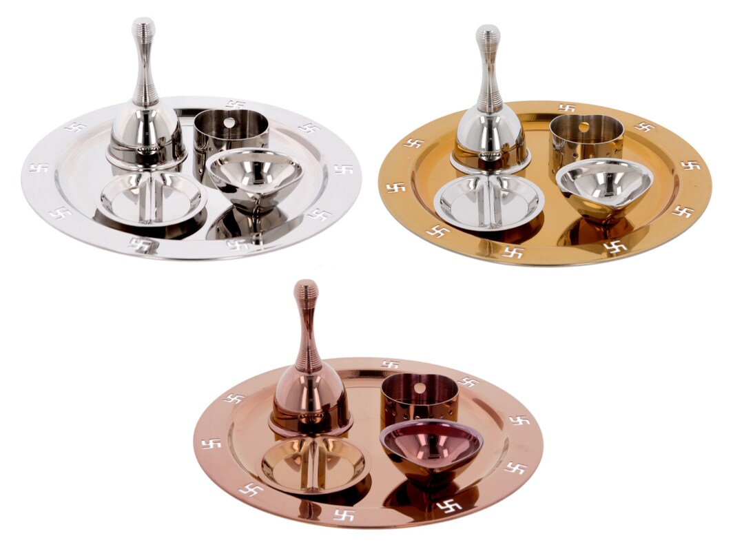 Pooja Aarti Thali Set Indian Stainless Steel Puja Plate With Bell Diya ...