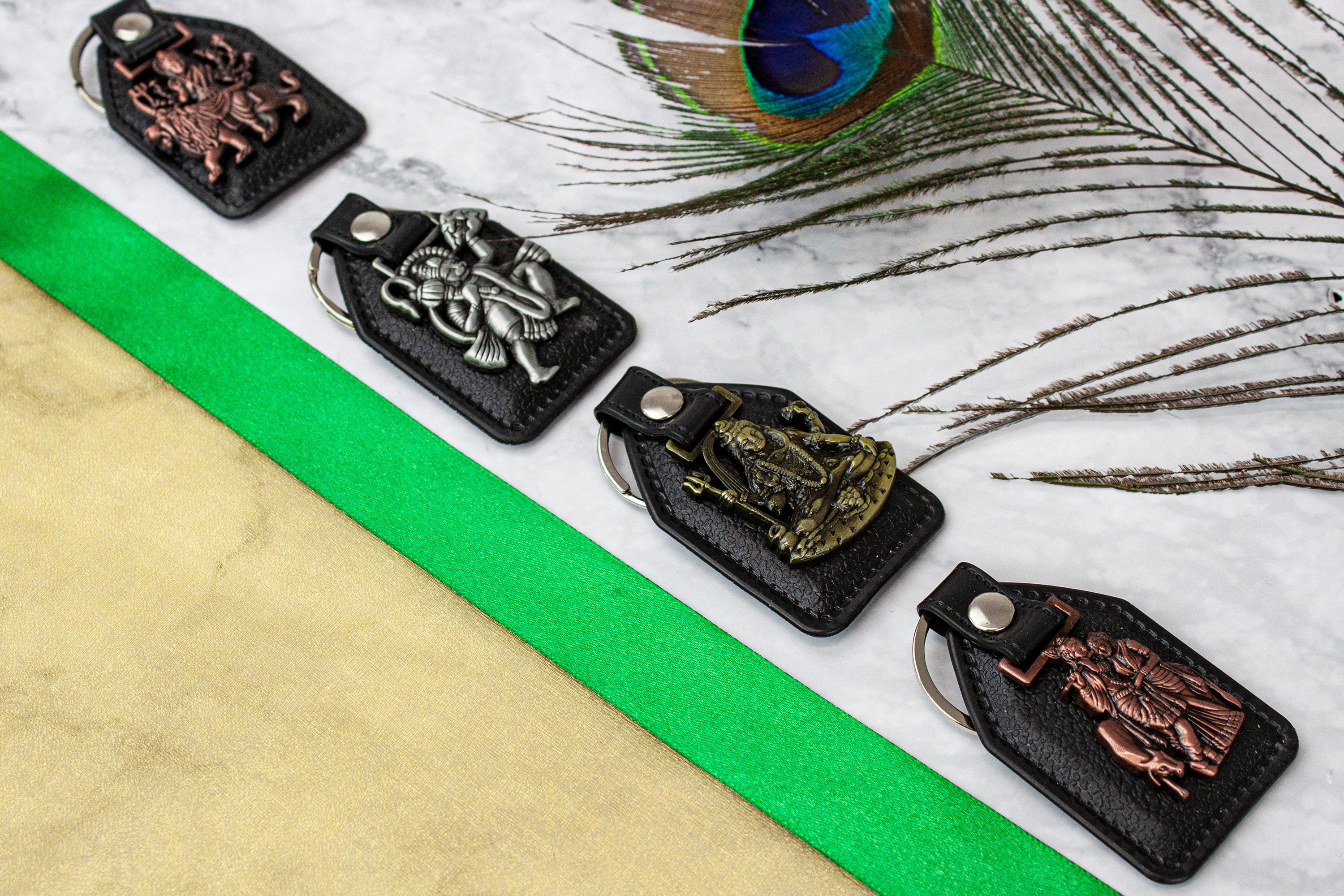 Hanuman Radha Krishna Shiva Durga Maa Keyring Hindu Black Leather Metal ...
