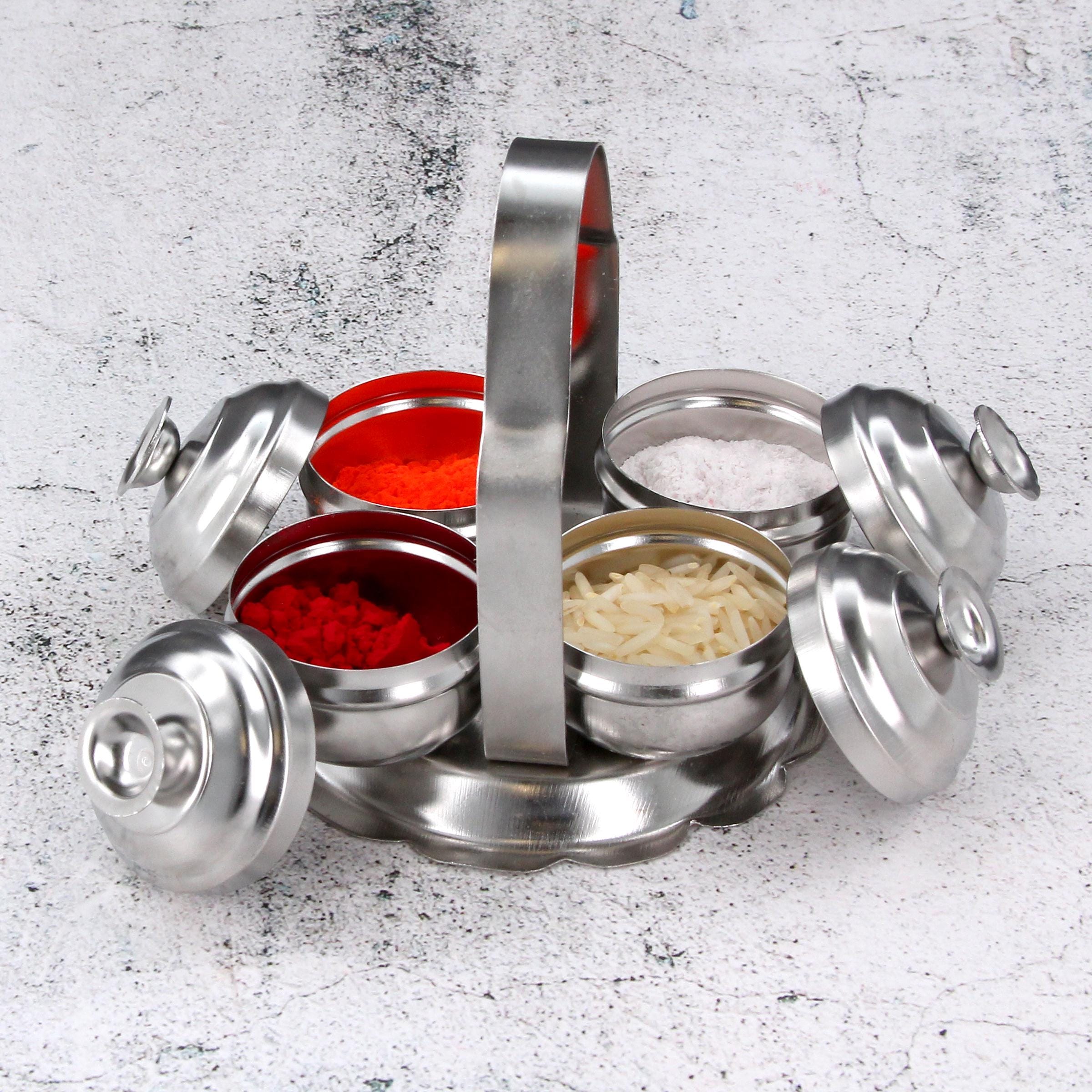 Kumkum Pot Karanda Rice Chawal Haldi Chaumukh Container Dibbi Tray ...