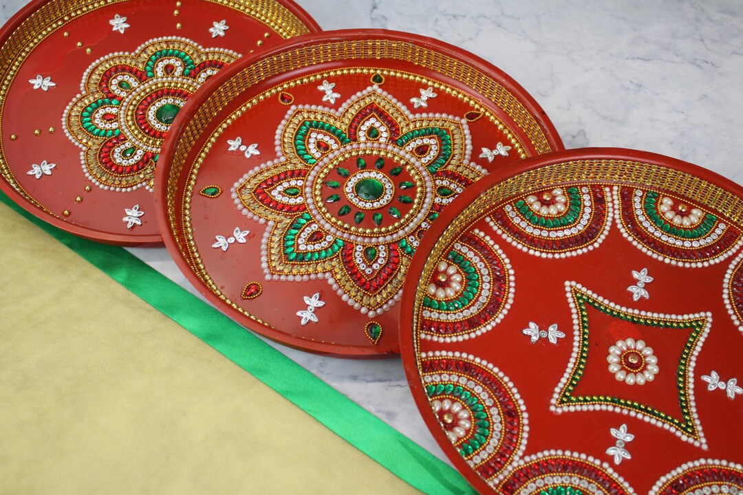 Stone Aarti Thali Traditional Gemstone Metal Decorated Puja Plate ...