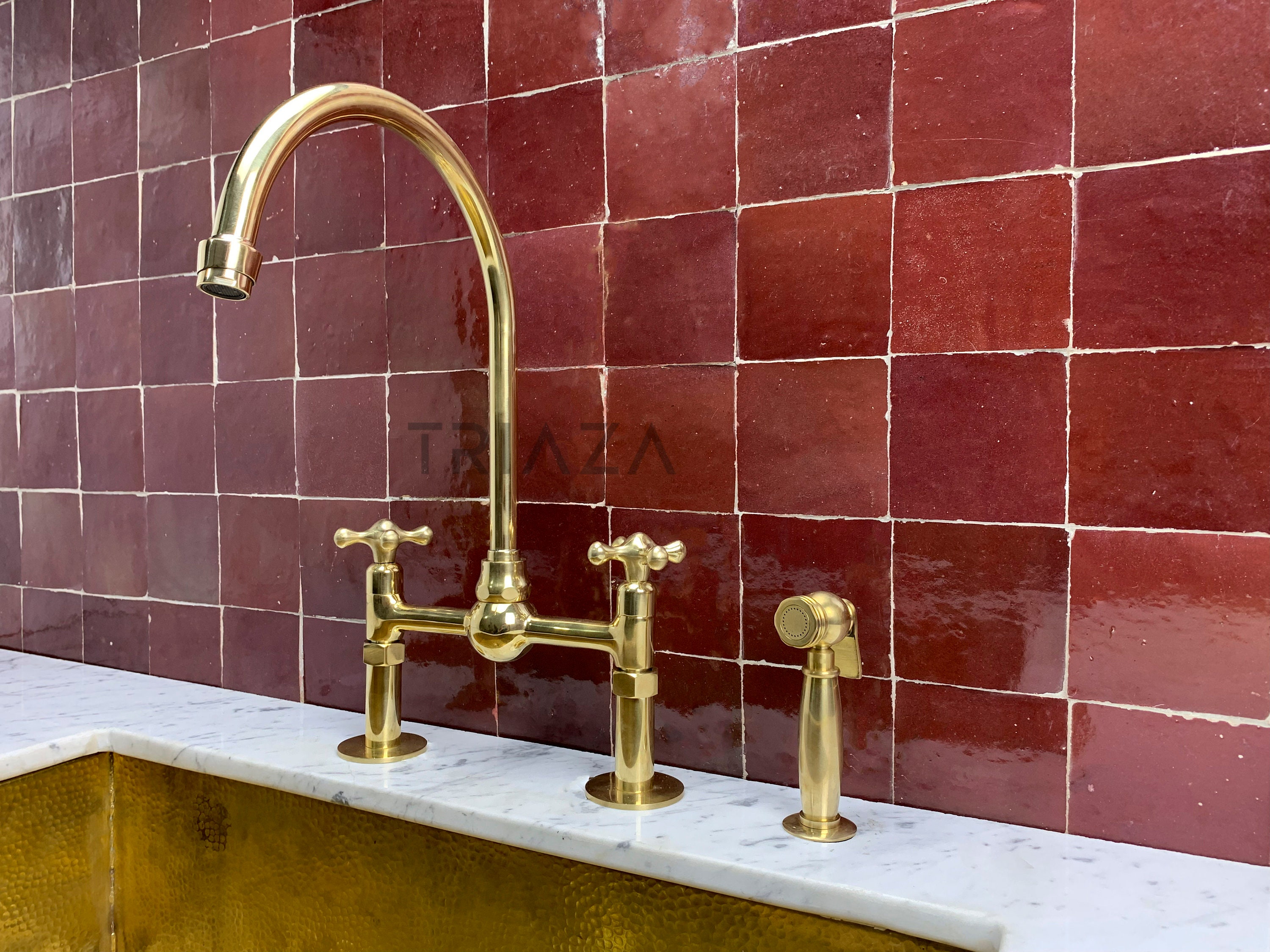 Unlacquered Brass Kitchen Faucet, Dual Handle Center Ball Bridge Sink ...