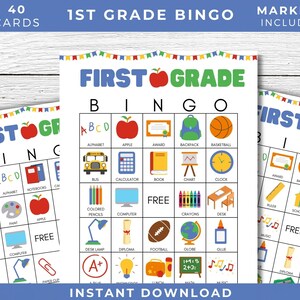 First Grade Bingo Game Printable, 40 Cards and Apple Markers First Day ...