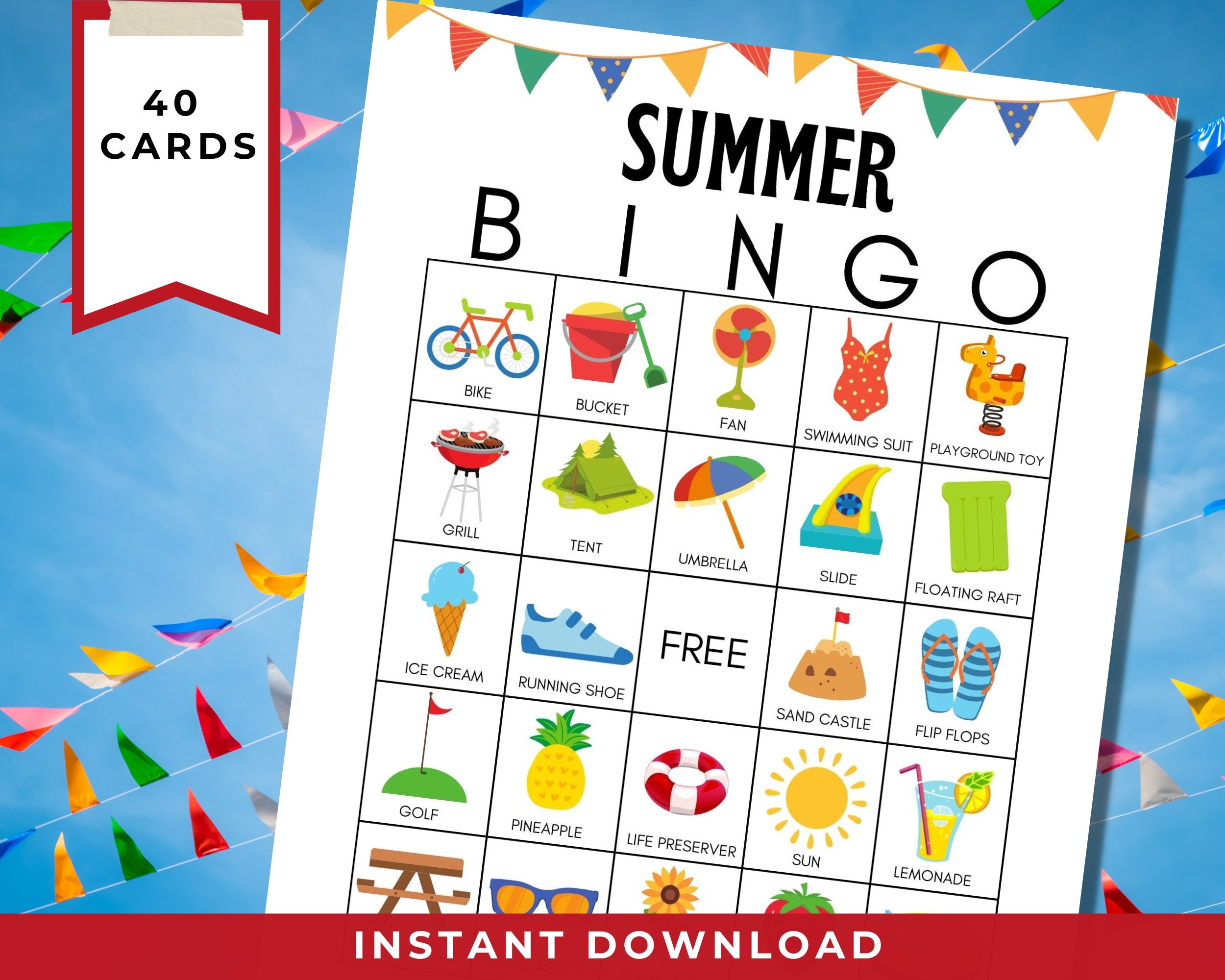 Summer Bingo Printable, 40 Cards Beach or Pool Party Bingo, Easy Game ...