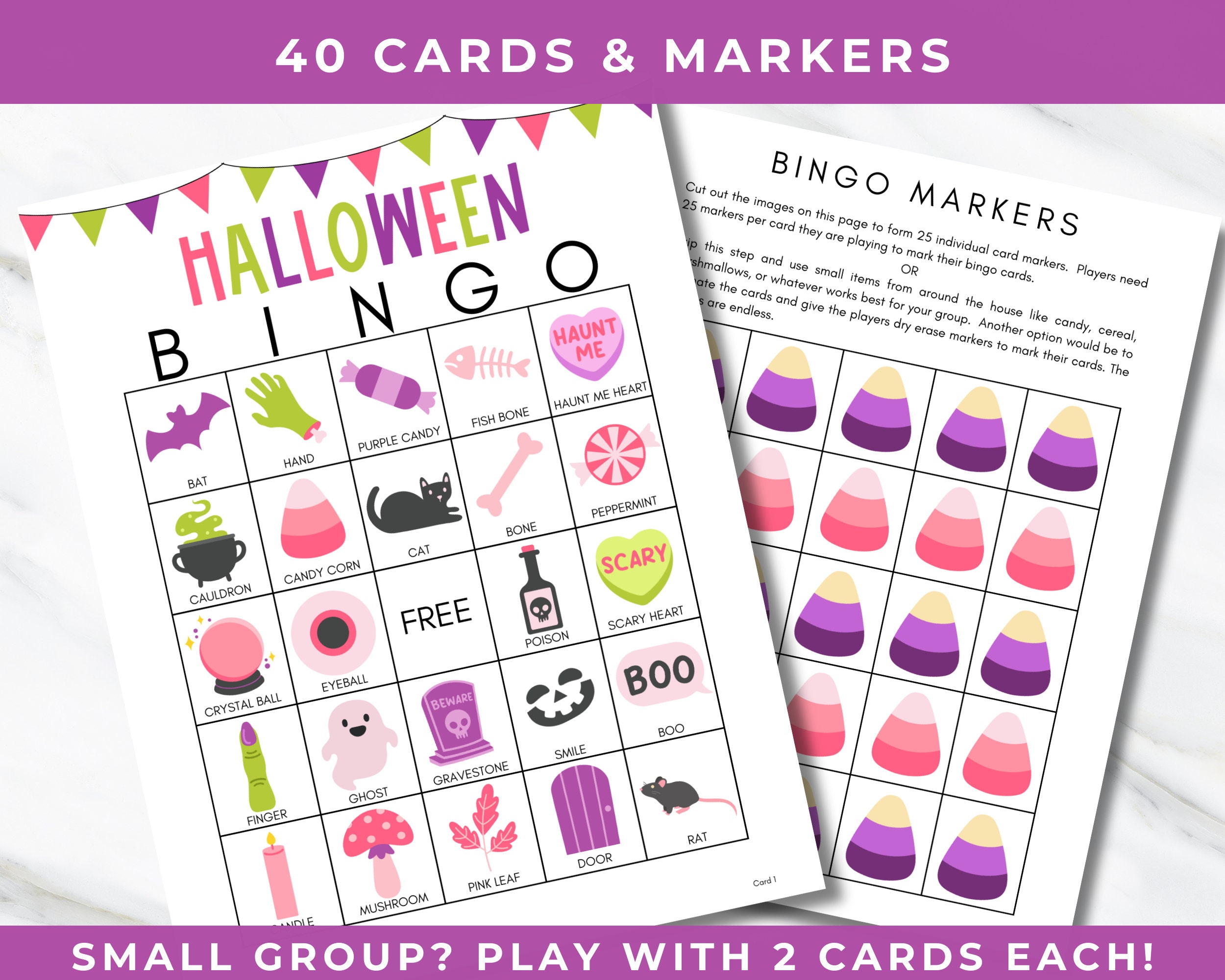 Cute Halloween Bingo Game Printable 40 Cards Pink Purple - Etsy