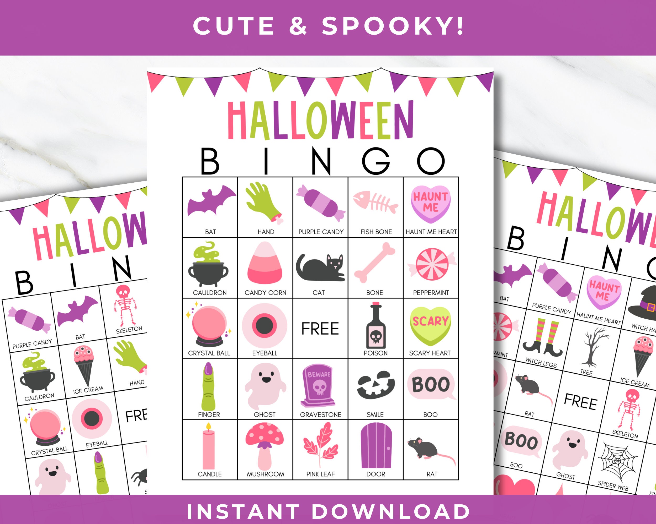 Cute Halloween Bingo Game Printable 40 Cards Pink Purple - Etsy