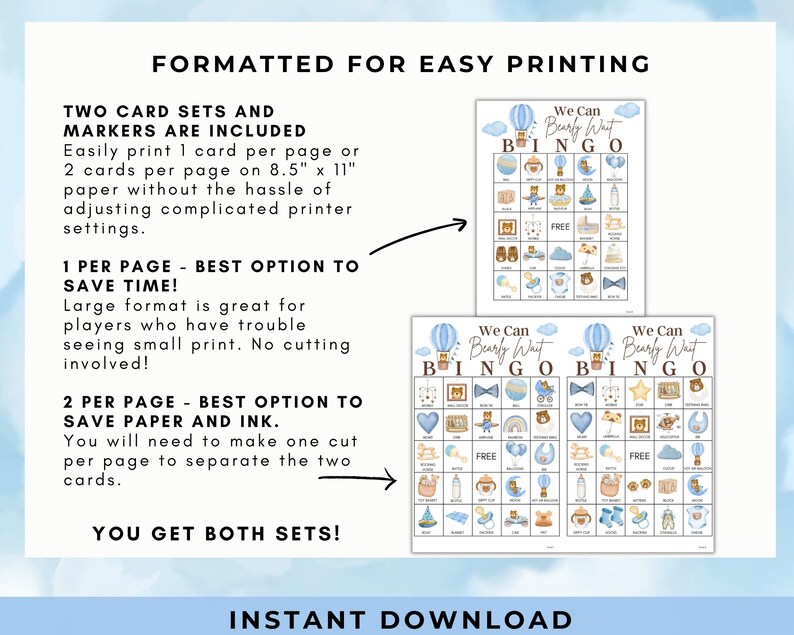 Blue Teddy Bear Baby Shower Bingo Printable We Can Bearly Wait 60 Card ...