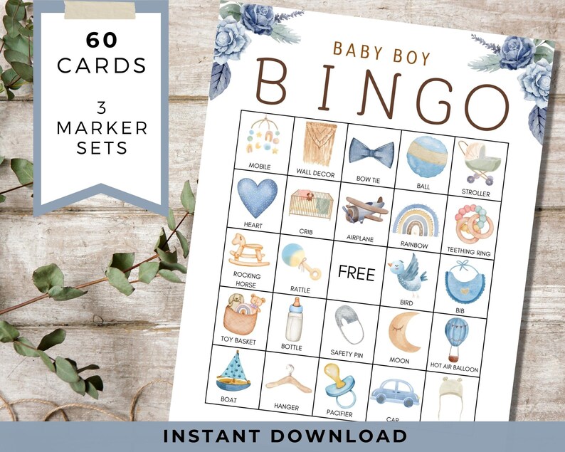 Baby Boy Bingo Printable Game With 60 Cards and Markers Large Baby ...
