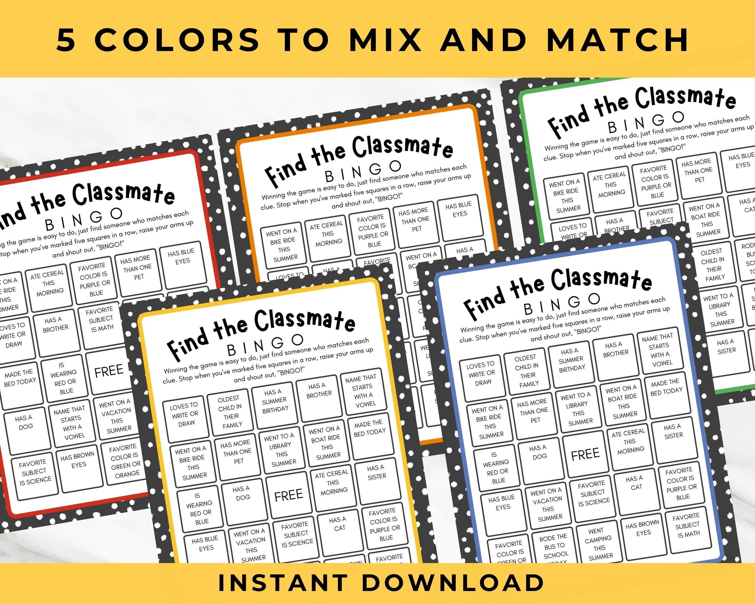 Printable Find the Classmate Bingo 5 Colors Student - Etsy
