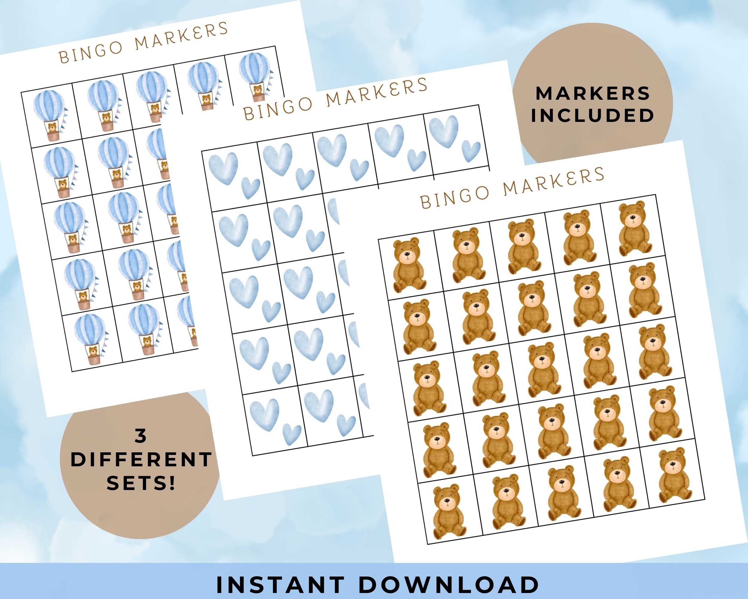 Blue Teddy Bear Baby Shower Bingo Printable We Can Bearly Wait 60 Card ...