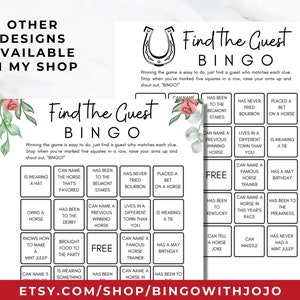 Find the Guest Bingo Game for Kentucky Horse Derby Party, Printable ...