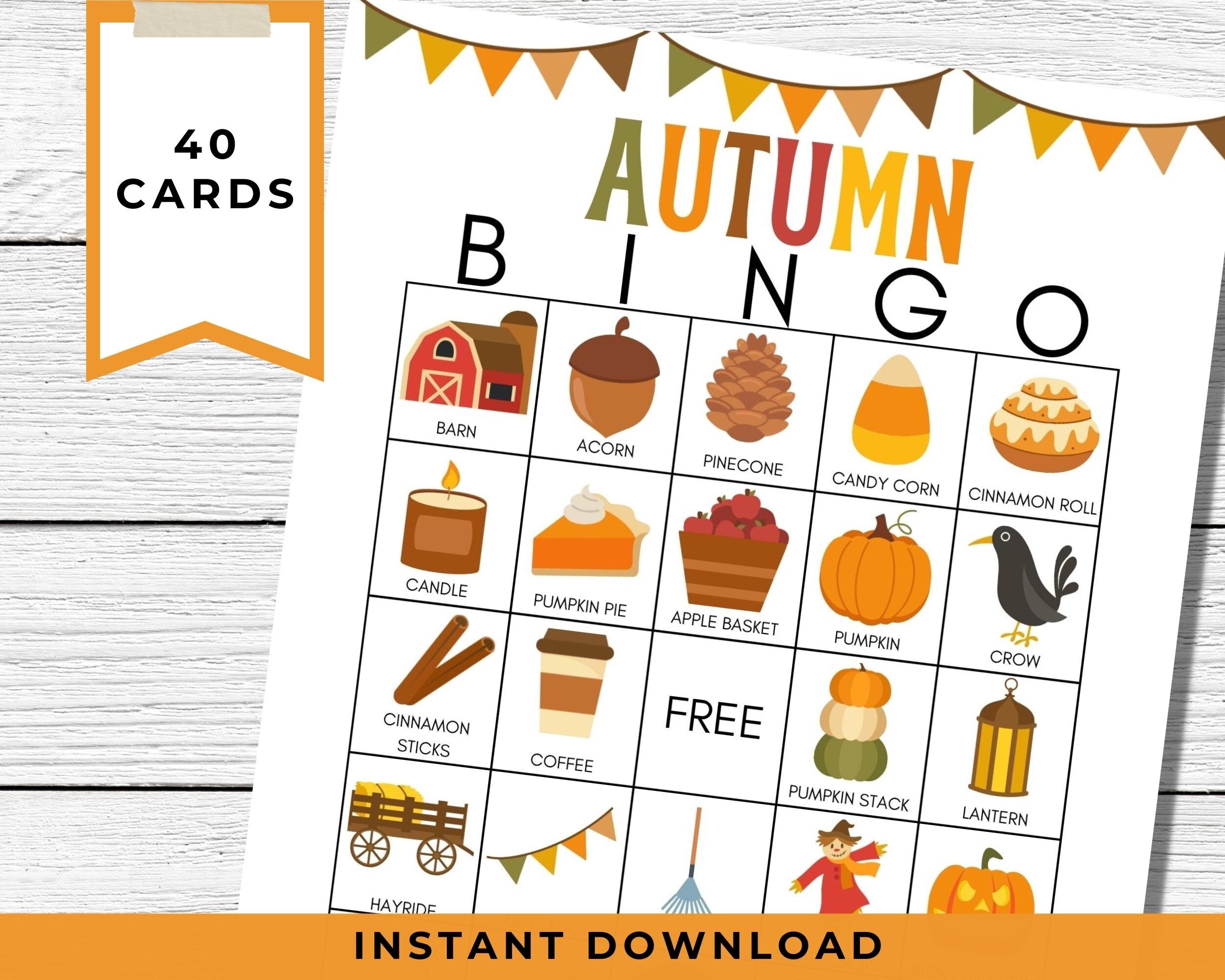 Autumn Bingo Printable, 40 Cards and Markers; Easy Group Game for Kids ...