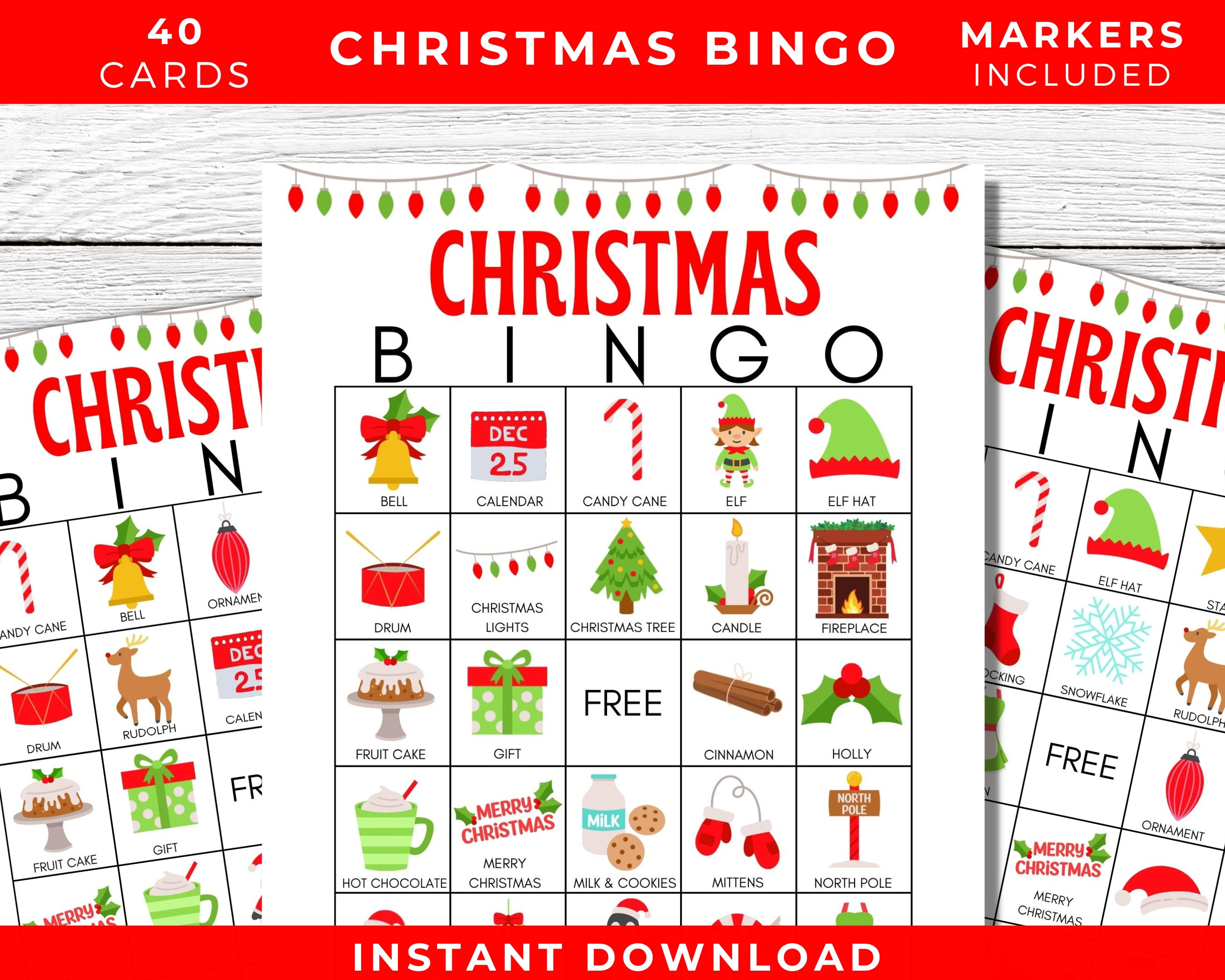 Christmas Bingo Printable, 40 Cards and Markers Seasonal Game for Kids ...