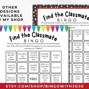 Find the Classmate Bingo Printable Back to School Classroom Icebreaker ...