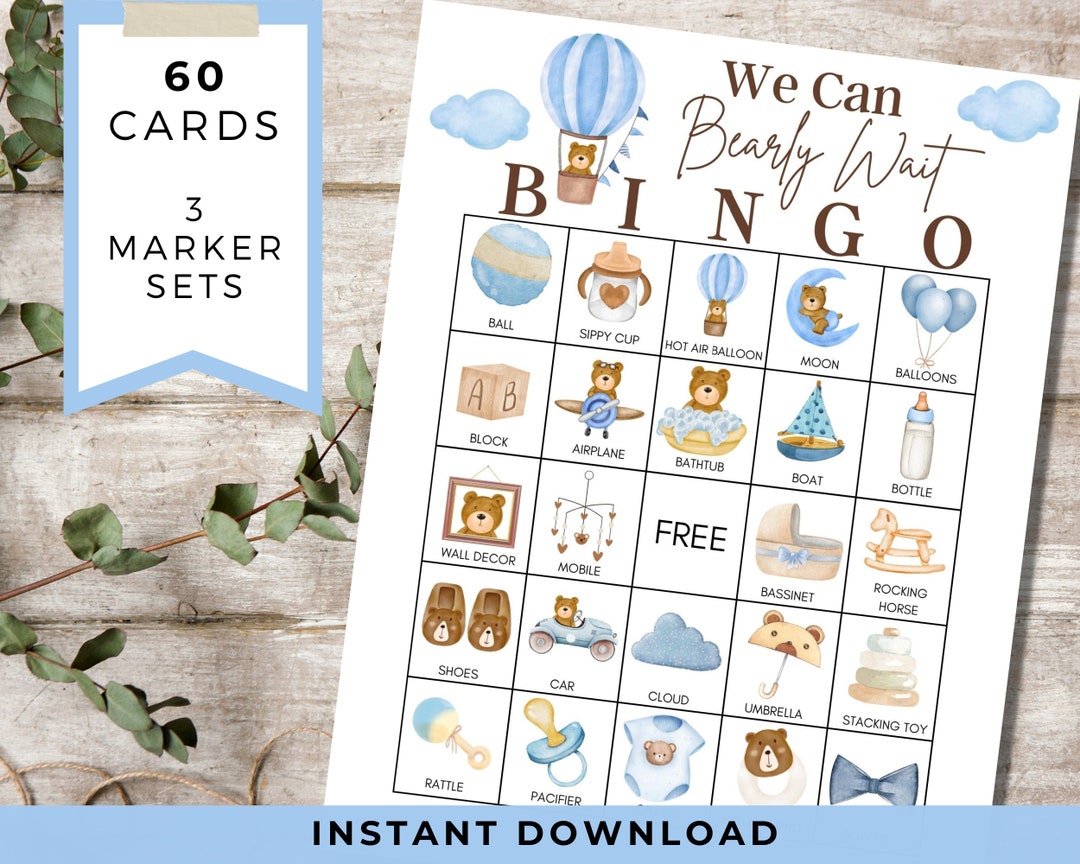 Blue Teddy Bear Baby Shower Bingo Printable | We Can Bearly Wait | 60 ...