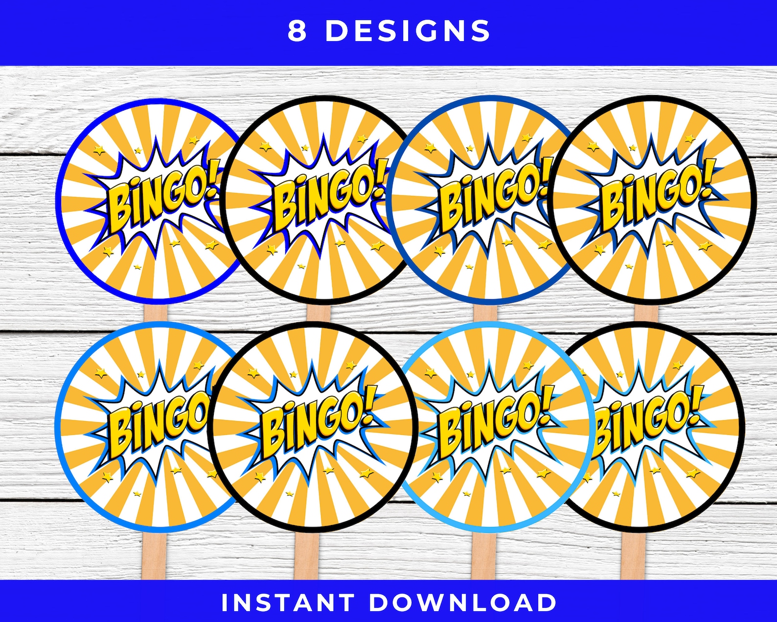 Handheld Printable Bingo Sign or Paddle Fan in Blue and Black | Winner ...