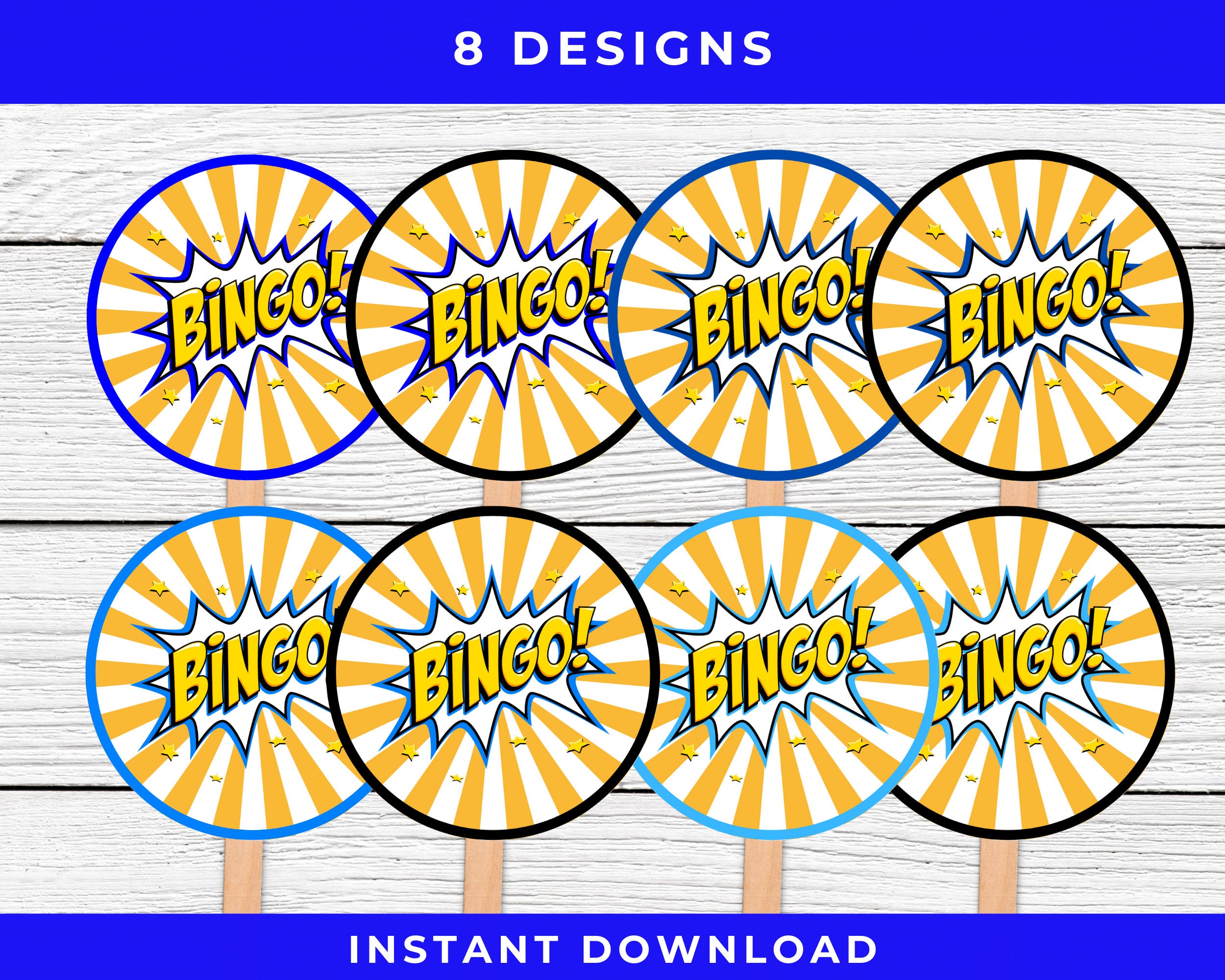 Handheld Printable Bingo Sign or Paddle Fan in Blue and Black | Winner ...