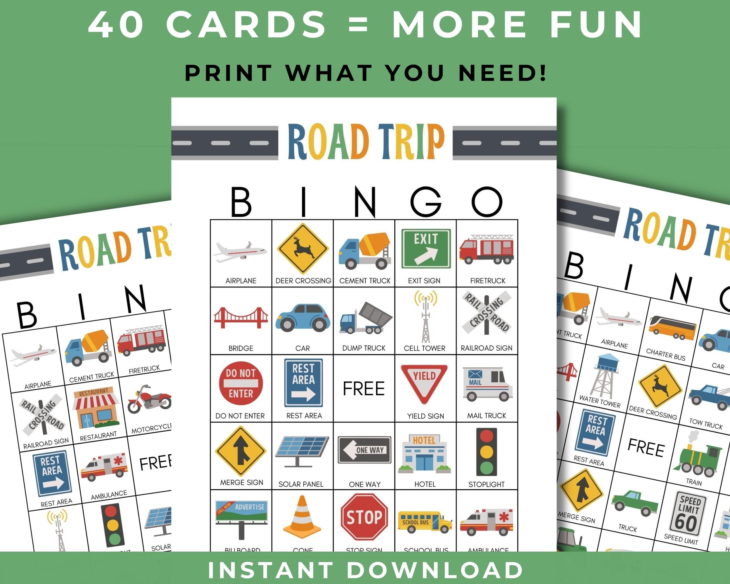 Road Trip Bingo 40 Cards Printable Travel Games for Kids, Adults Sign ...