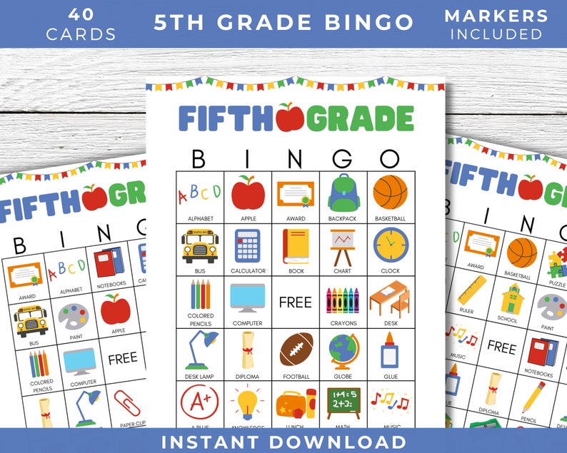 Fifth Grade Bingo Game Printable, 40 Cards and Apple Markers First Day ...