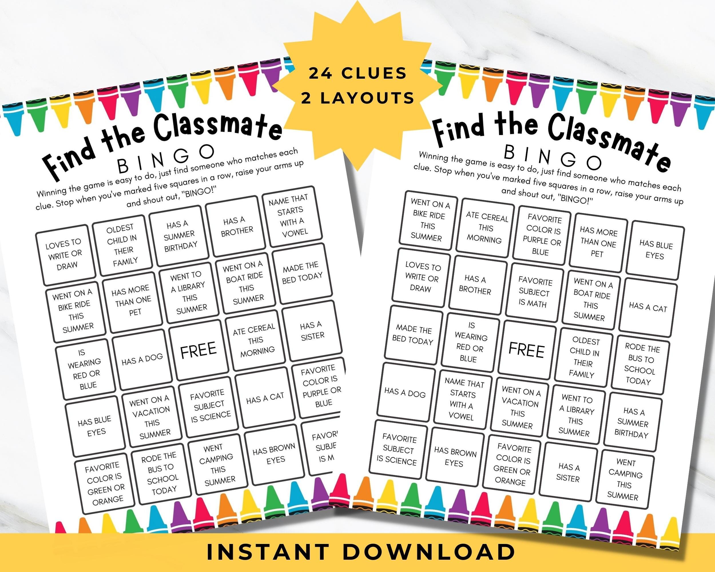 Find the Classmate Bingo Printable Back to School Classroom - Etsy