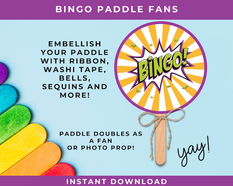Handheld Printable Bingo Sign or Paddle Fan Bingo Night Decoration 8 ...