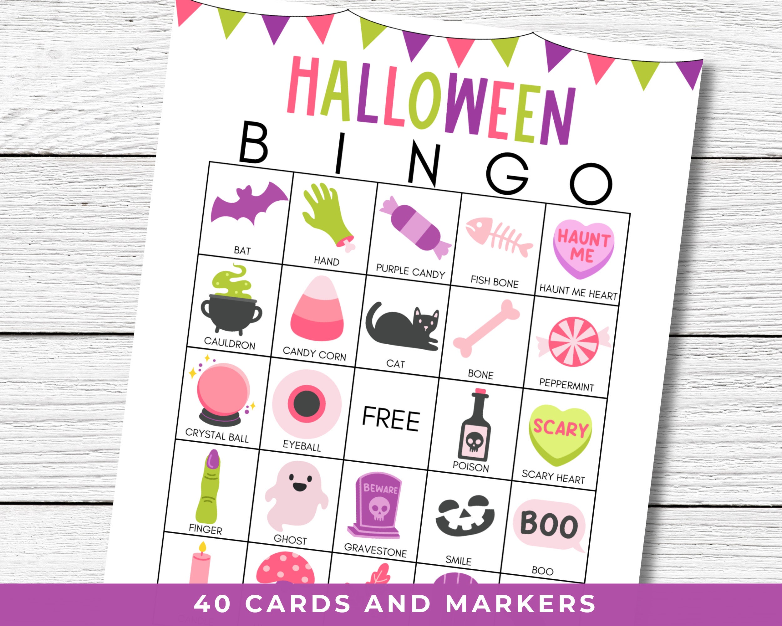 Cute Halloween Bingo Game Printable 40 Cards Pink Purple - Etsy