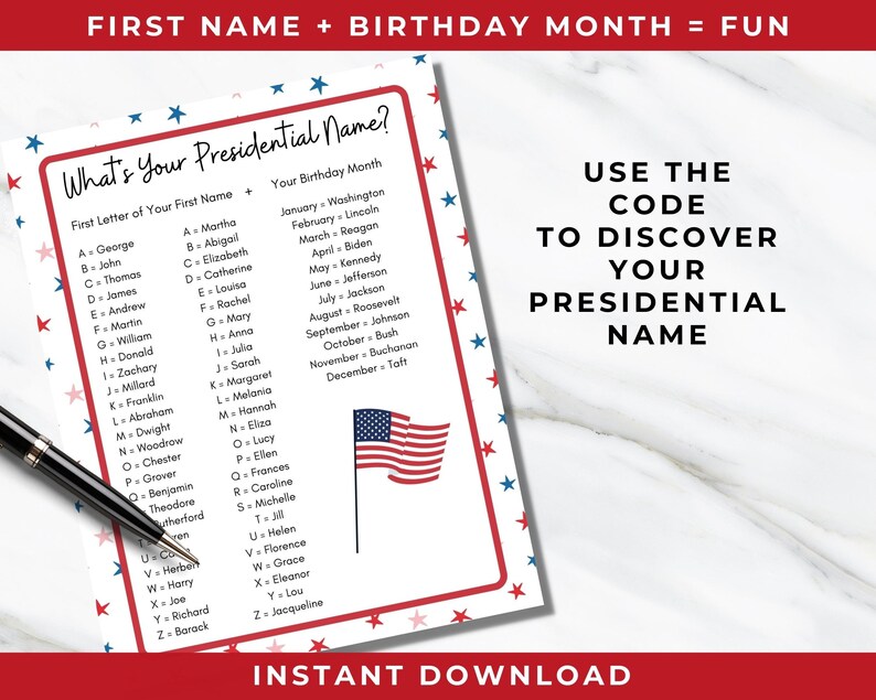 Printable Name Game INCLUDES Name Tags What's Your Presidential Name ...
