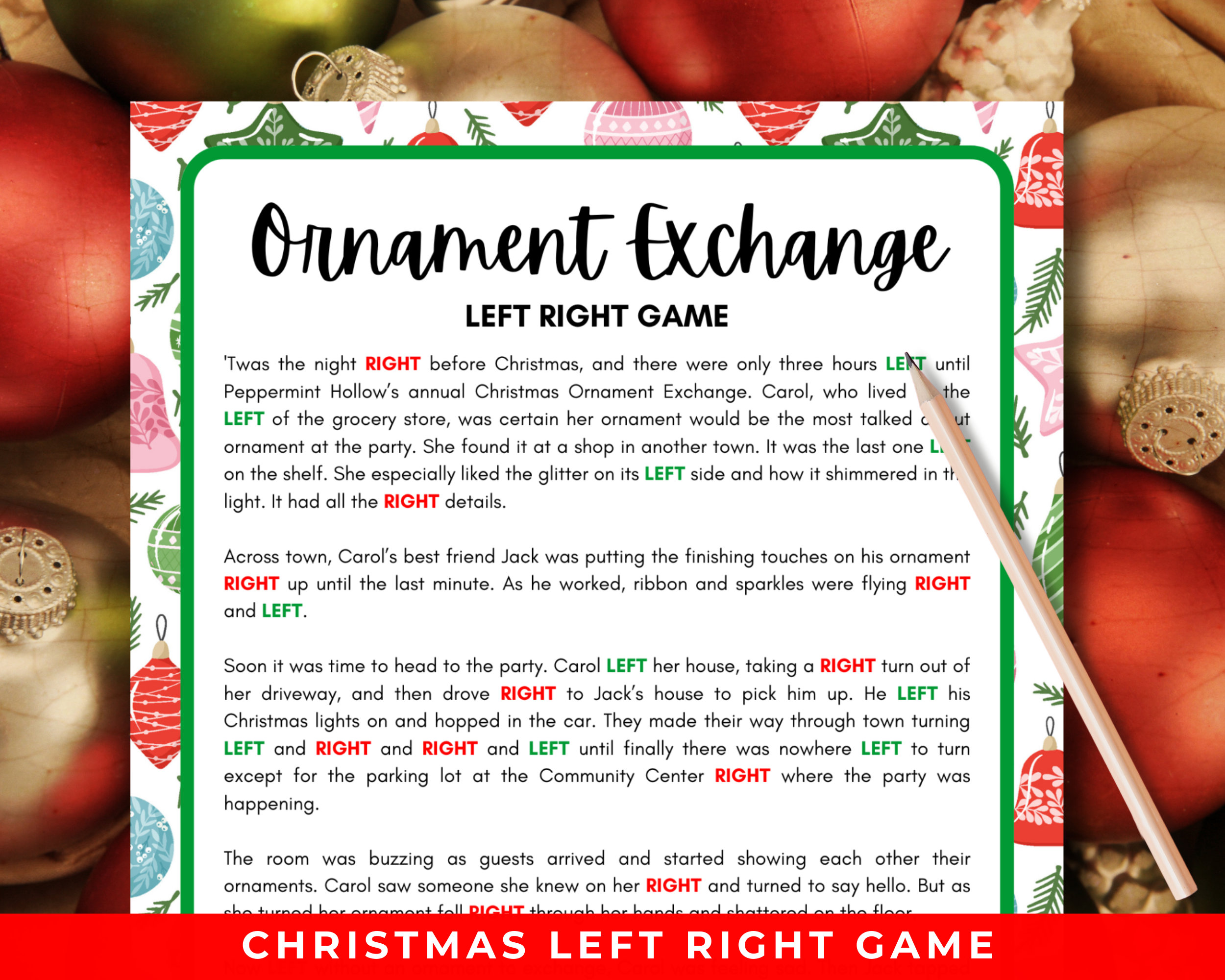 Left Right Christmas Game Printable; Ornament Exchange Group Game; Pass ...