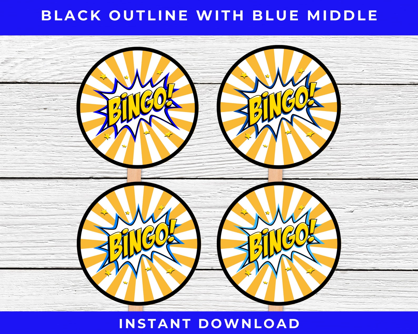 Handheld Printable Bingo Sign or Paddle Fan in Blue and Black | Winner ...