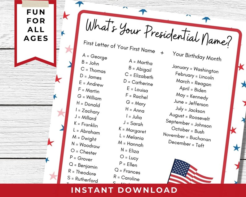 Printable Name Game INCLUDES Name Tags What's Your Presidential Name ...