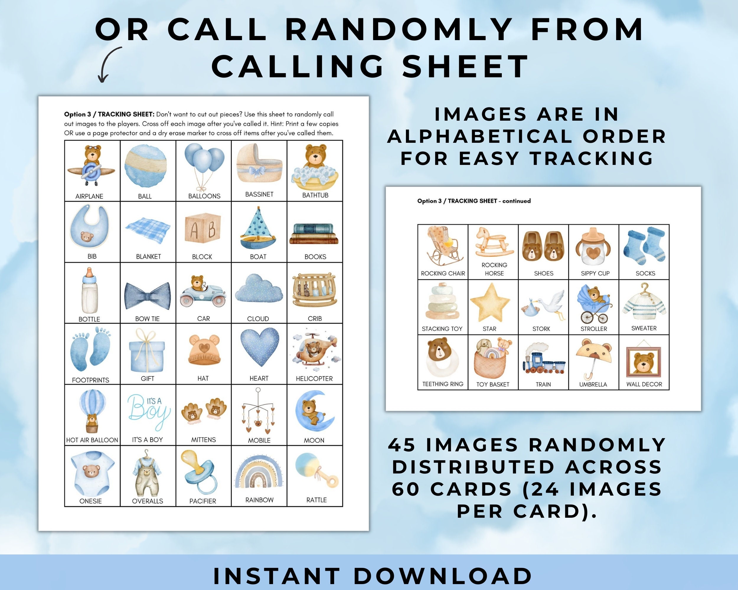 Blue Teddy Bear Baby Shower Bingo Printable We Can Bearly Wait 60 Card ...