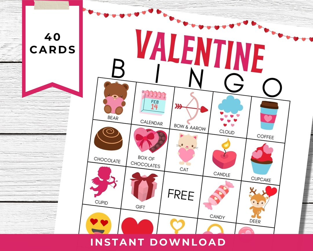 Valentine Bingo Printable, 40 Cards and Markers; February Game for Kids ...