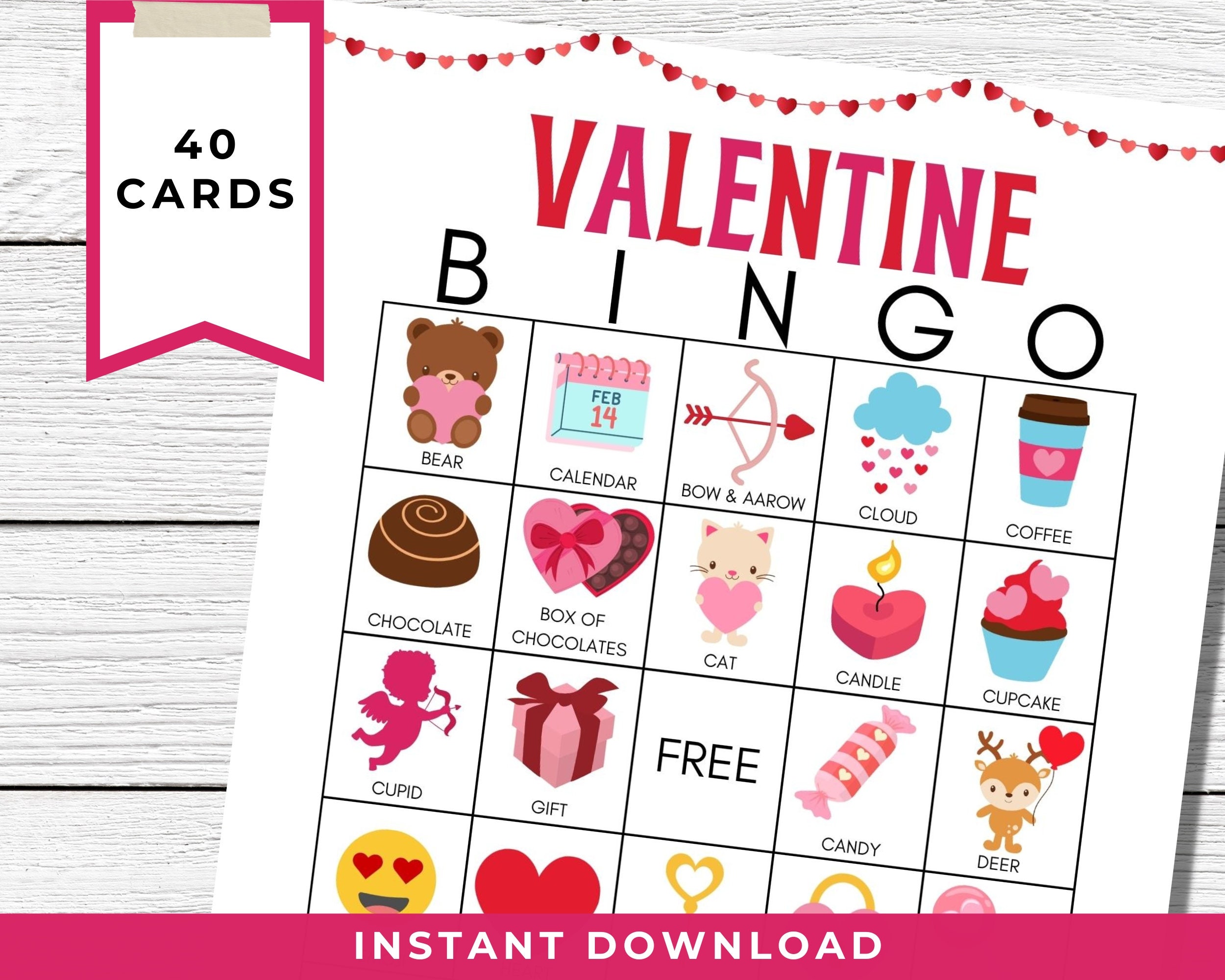 Valentine Bingo Printable, 40 Cards and Markers February Game for Kids ...